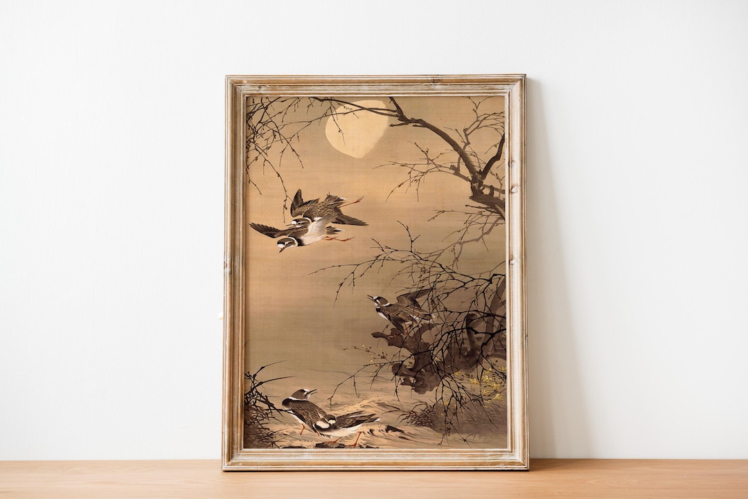 Japanese Art Print, Plovers Under the Moon, Printable Bird Art ...