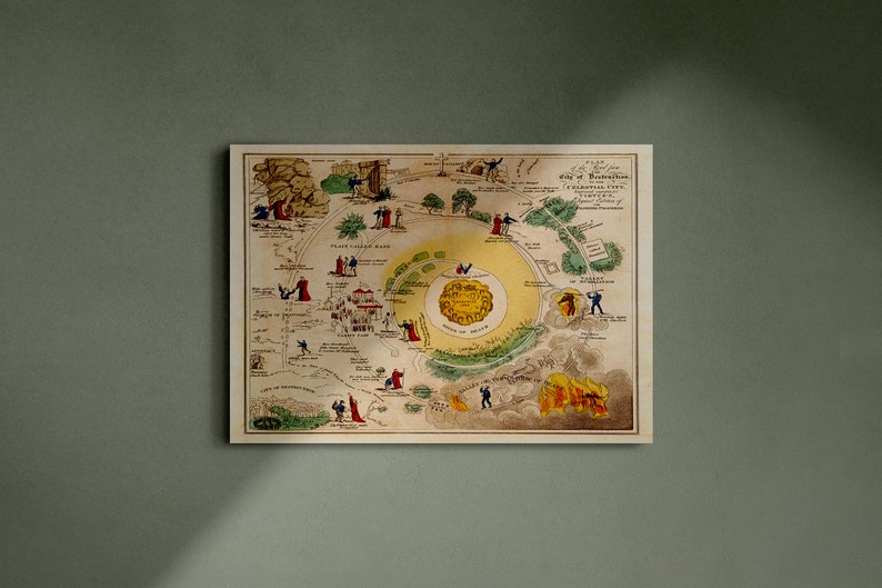 The Pilgrim's Progress Map 1850 Print, Vintage Home Decor, Antique ...