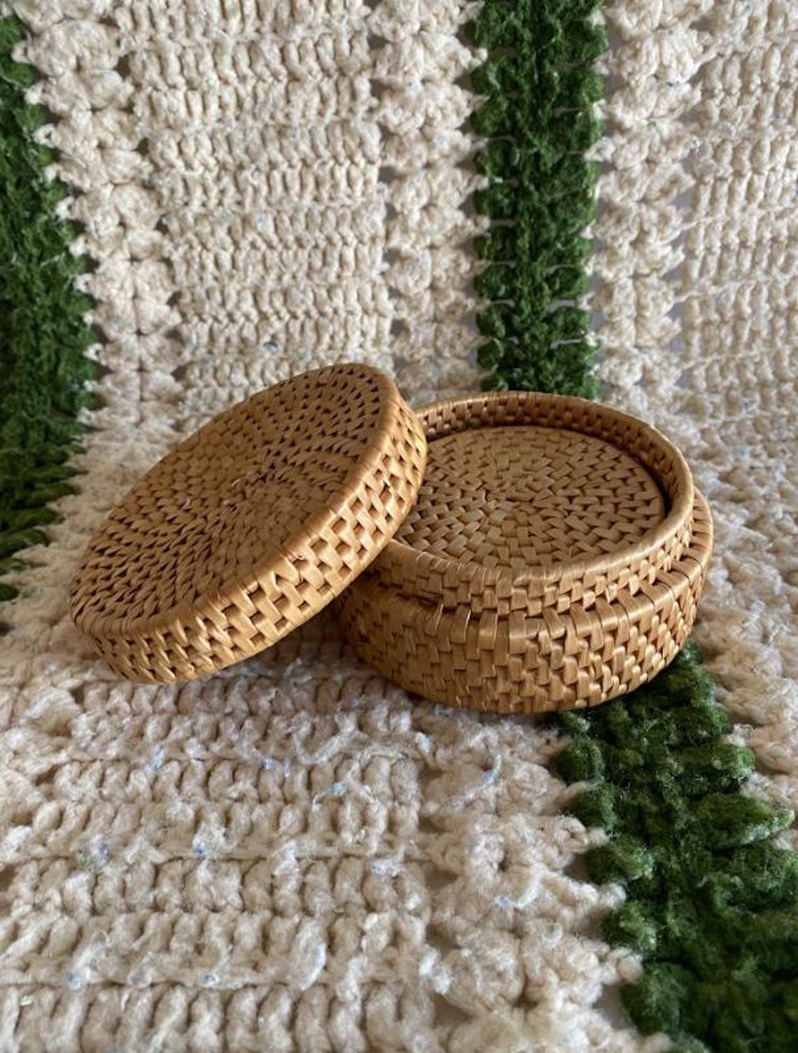 Vintage Wicker Coasters With Basket - Etsy