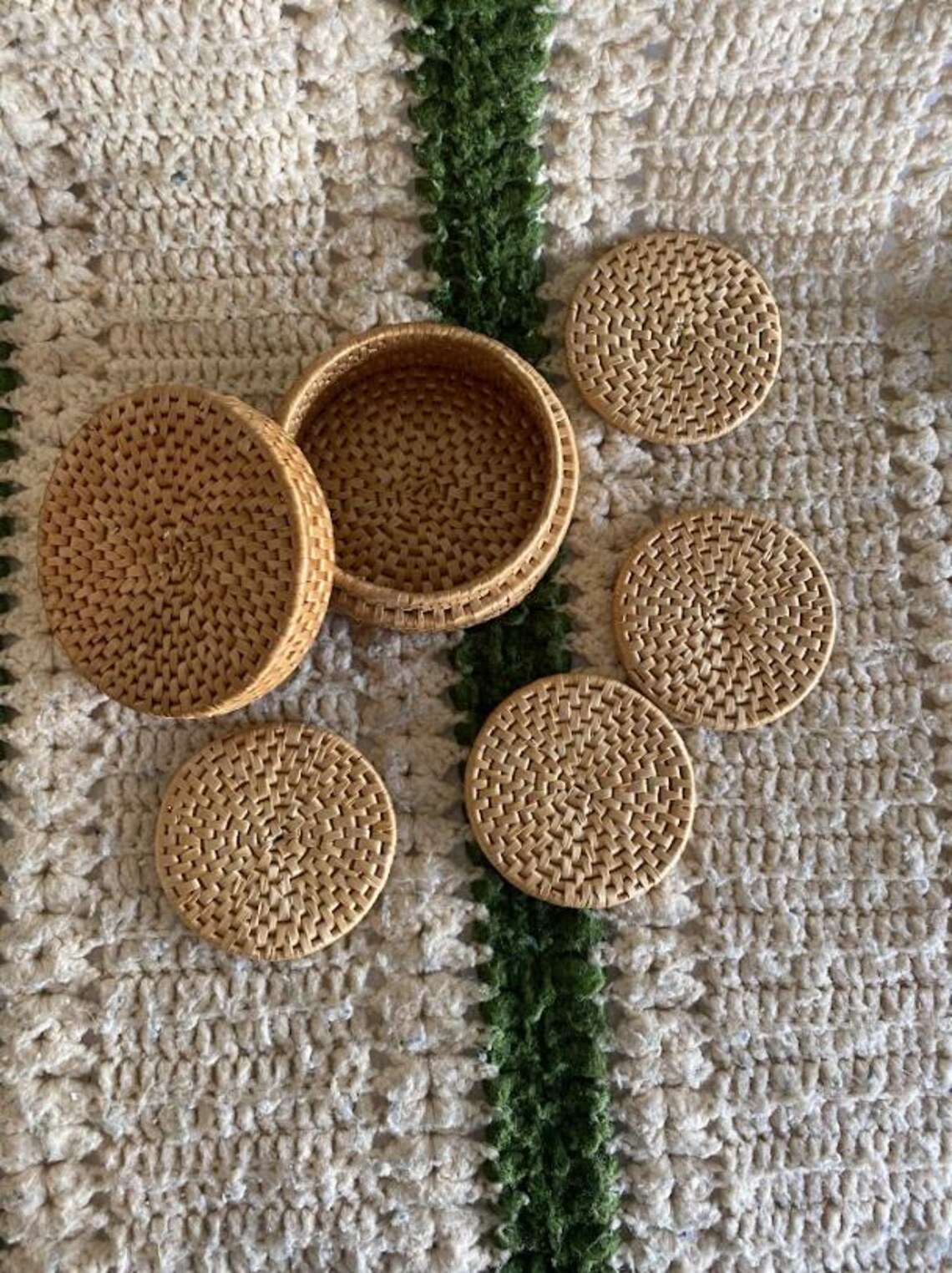 Vintage Wicker Coasters With Basket - Etsy