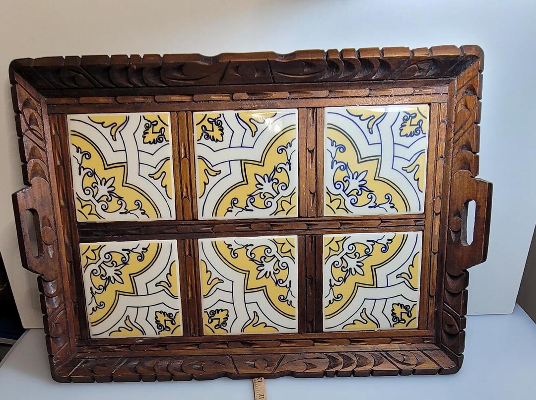 Hand Carved Wood and Tile Serving Tray Yellow White Blue Pattern 19 ...