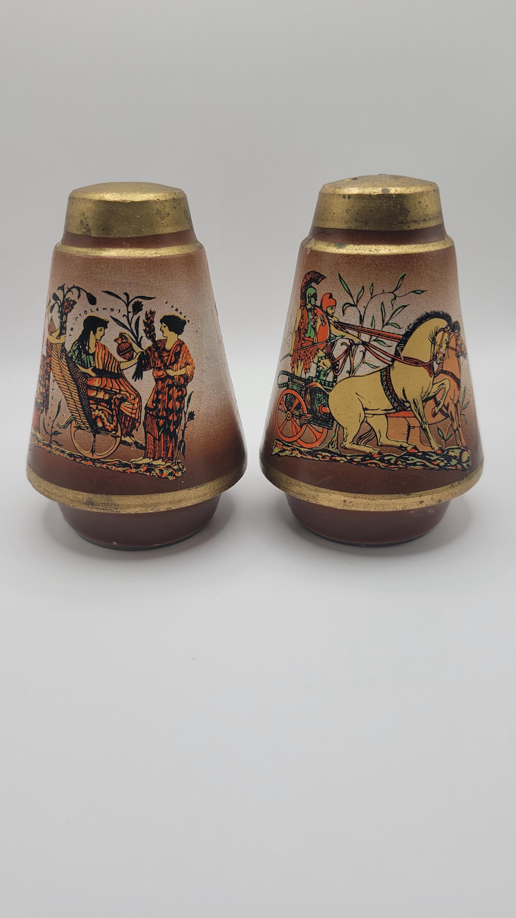 Vintage Ceramic Greek Salt & Pepper Shakers Gold-tone Accents W/ Greek ...