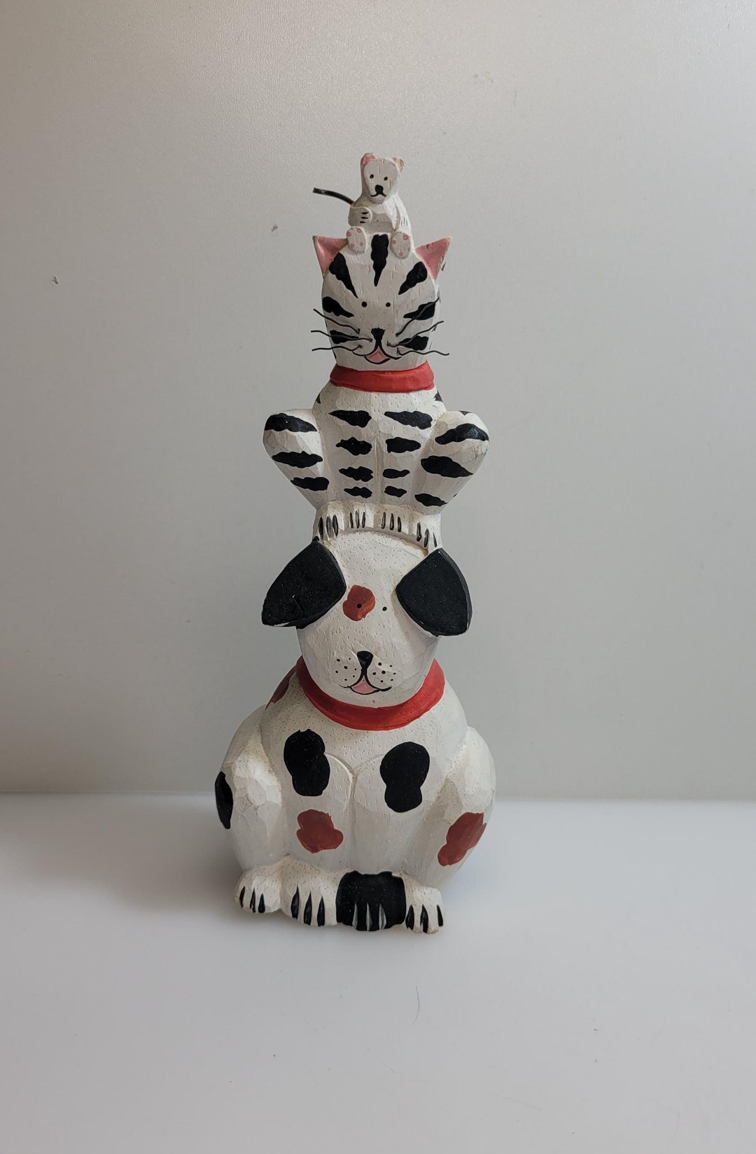 Hand Carved Wood Dog Cat Mouse Totem Figurine (8'') - Etsy