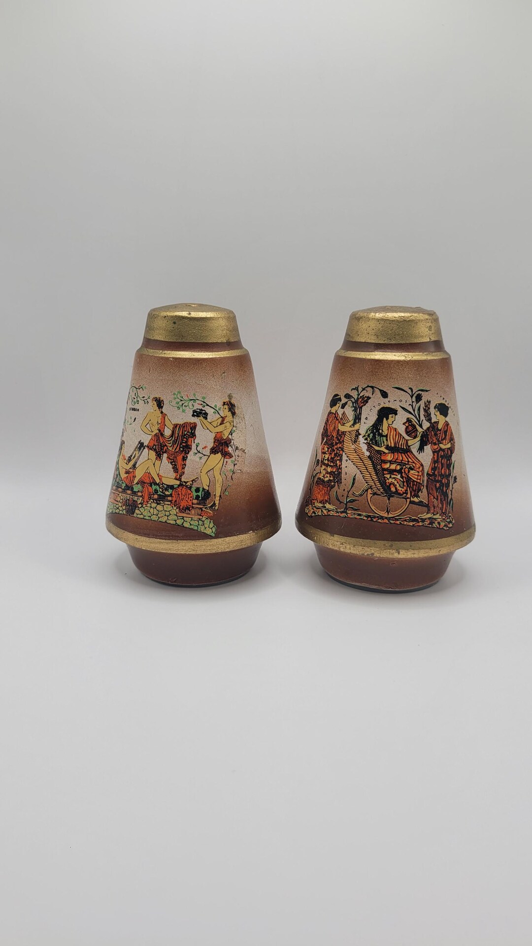 Vintage Ceramic Greek Salt & Pepper Shakers Gold-tone Accents W/ Greek ...