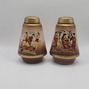 Vintage Ceramic Greek Salt & Pepper Shakers Gold-tone Accents W/ Greek ...