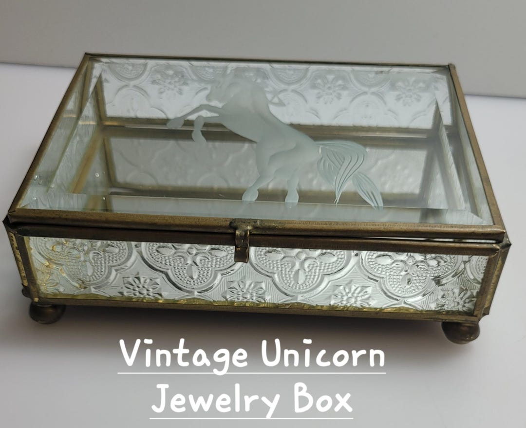 Penco Etched and Patterned Glass Mirror and Brass Trinket or Vanity Box ...
