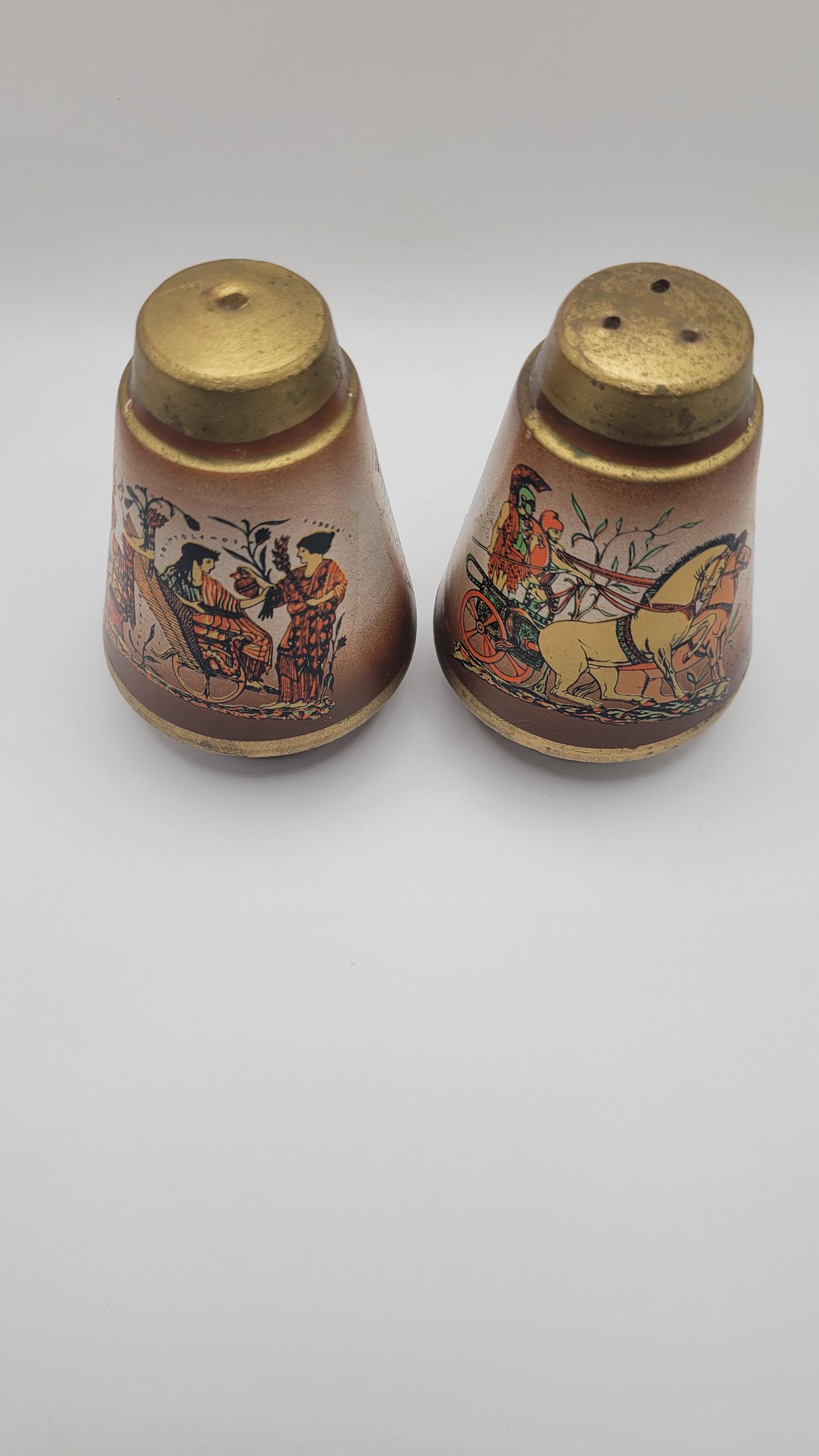 Vintage Ceramic Greek Salt & Pepper Shakers Gold-tone Accents W/ Greek ...