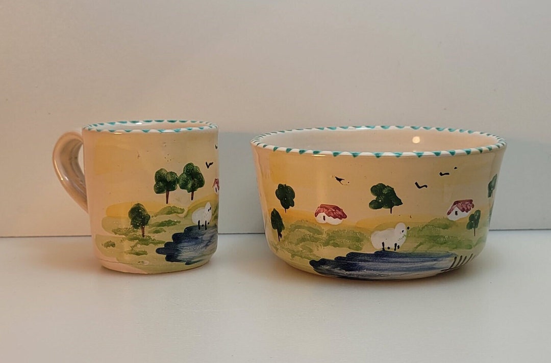 Vintage Art Pottery Child's Cup and Bowl Hand Painted Farmyard Scene 4. ...