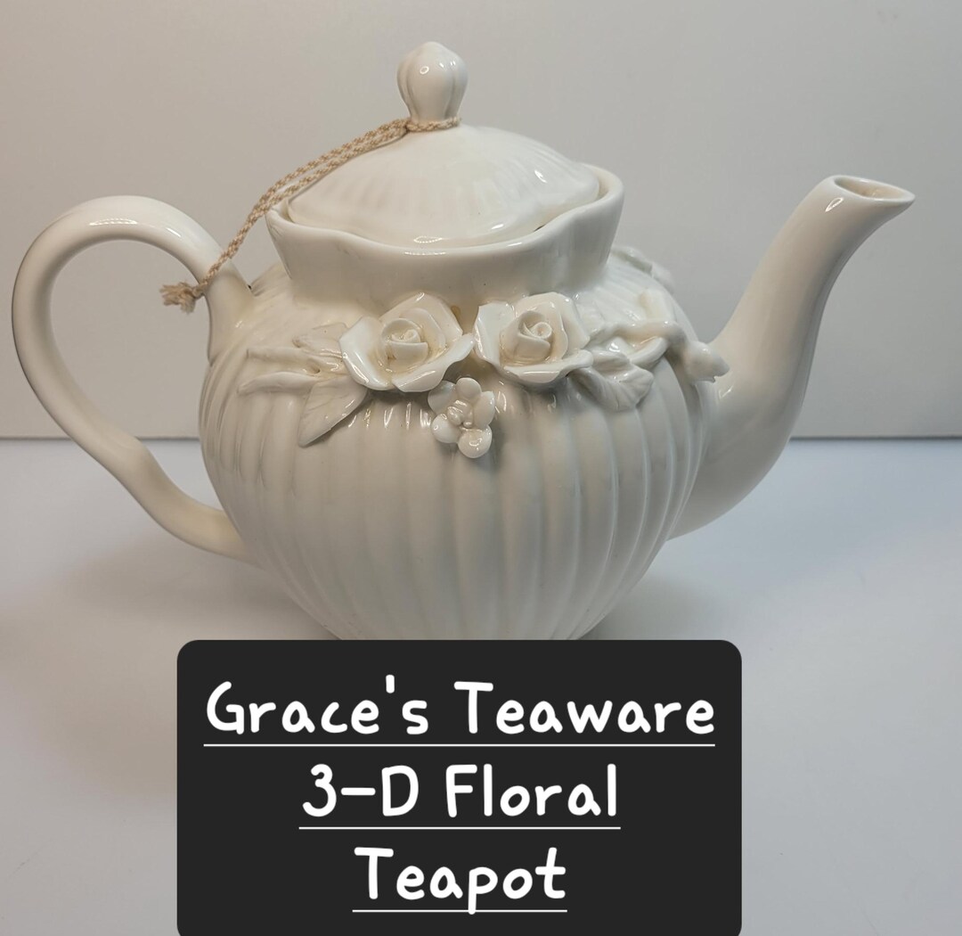 Vintage Grace's Teaware Cream 3-D Floral Ribbed Pattern Teapot 18 Fl Oz ...