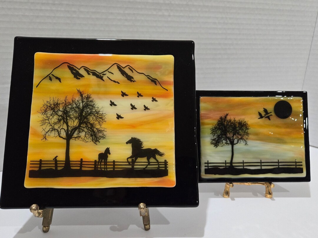 Glass Art, Fused Glass 2 Beautiful Glass Tiles, Pictures Sunset Horses ...