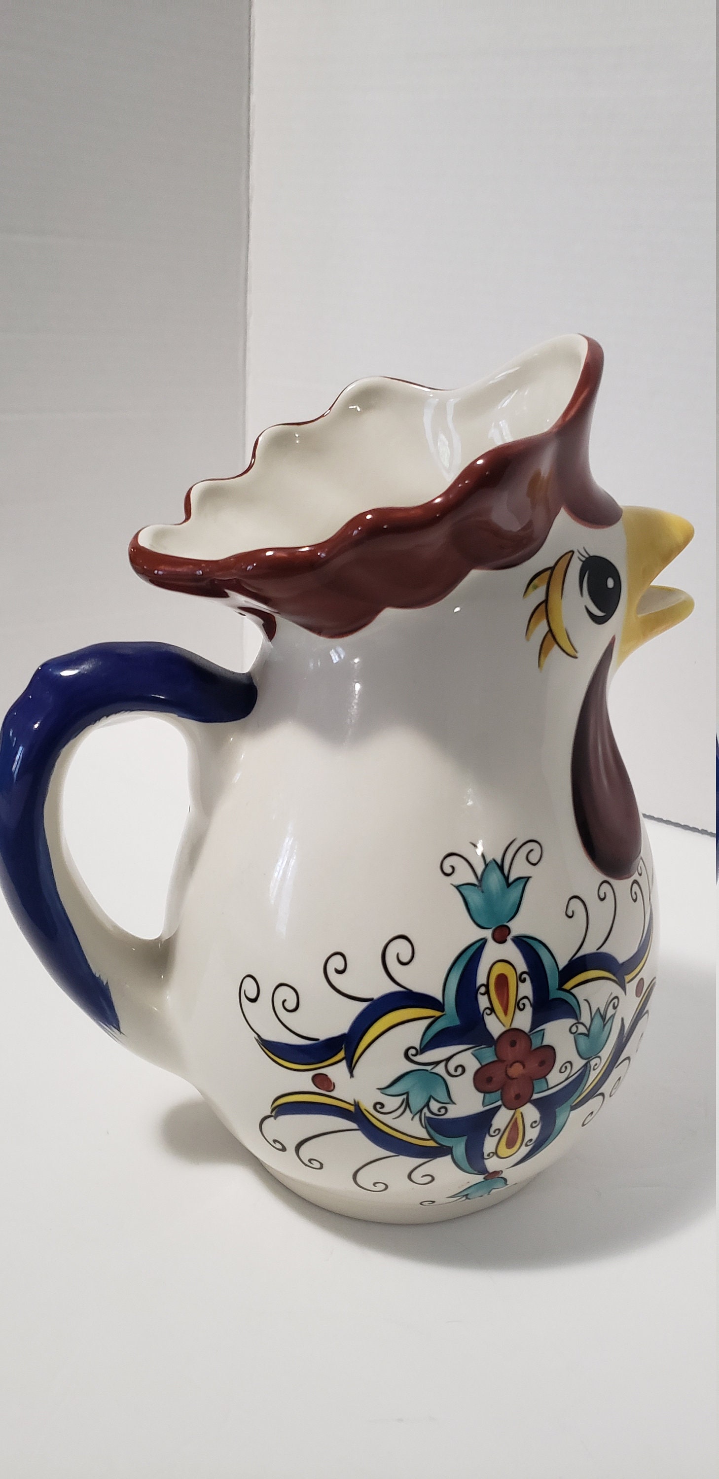 Hand Crafted Pier 1 SAN MARINO Rooster Pitcher Red Blue Yellow Scrolls ...