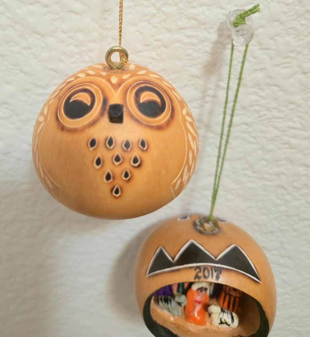 2 Carved Gourds 1 Nativity Gourd Hand Carved Also a Cute Lil Owl Hand ...
