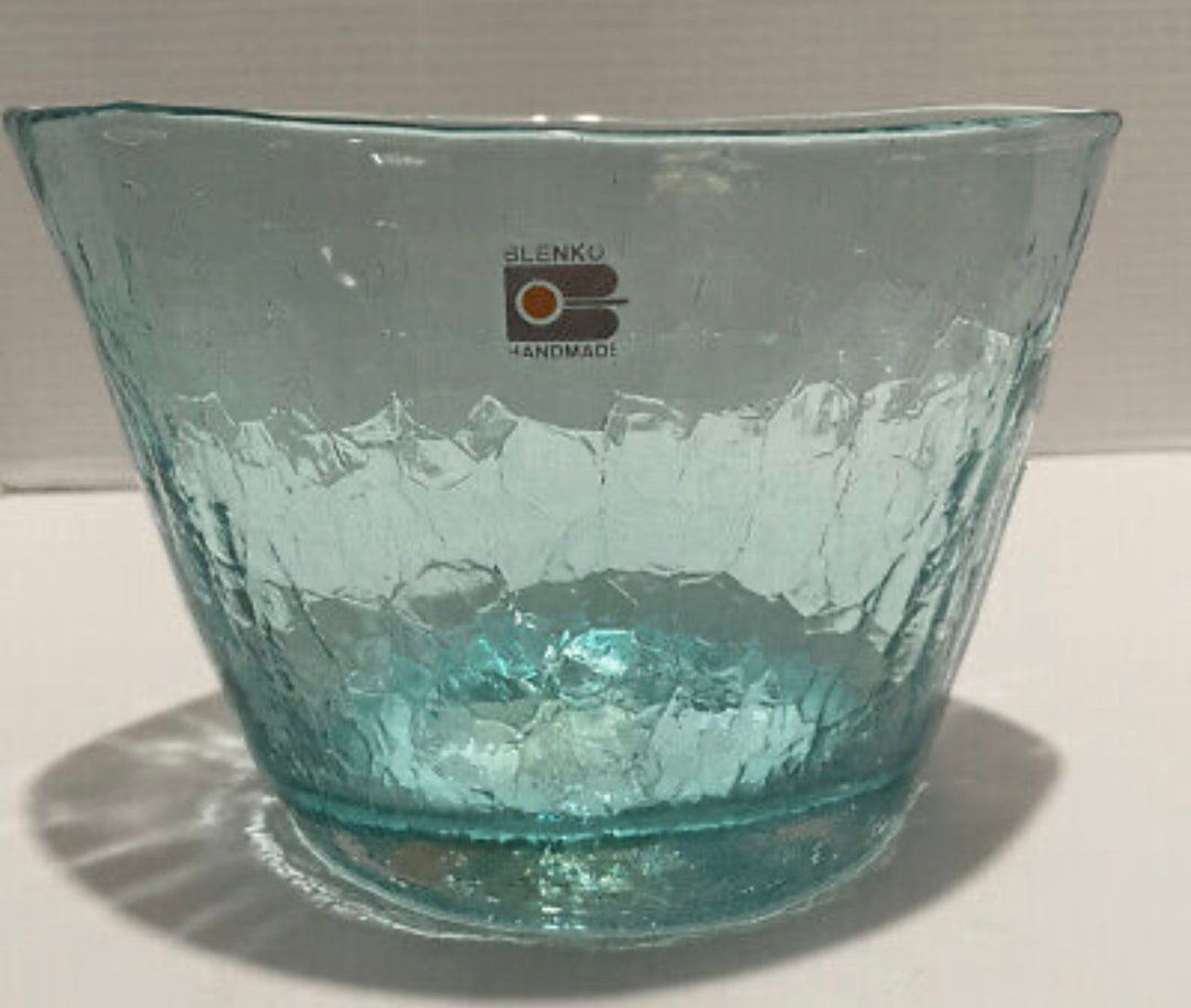 Vintage BLENKO Glass Sea Green Crackle Glass Vase 8” Wide 5” Tall - Etsy