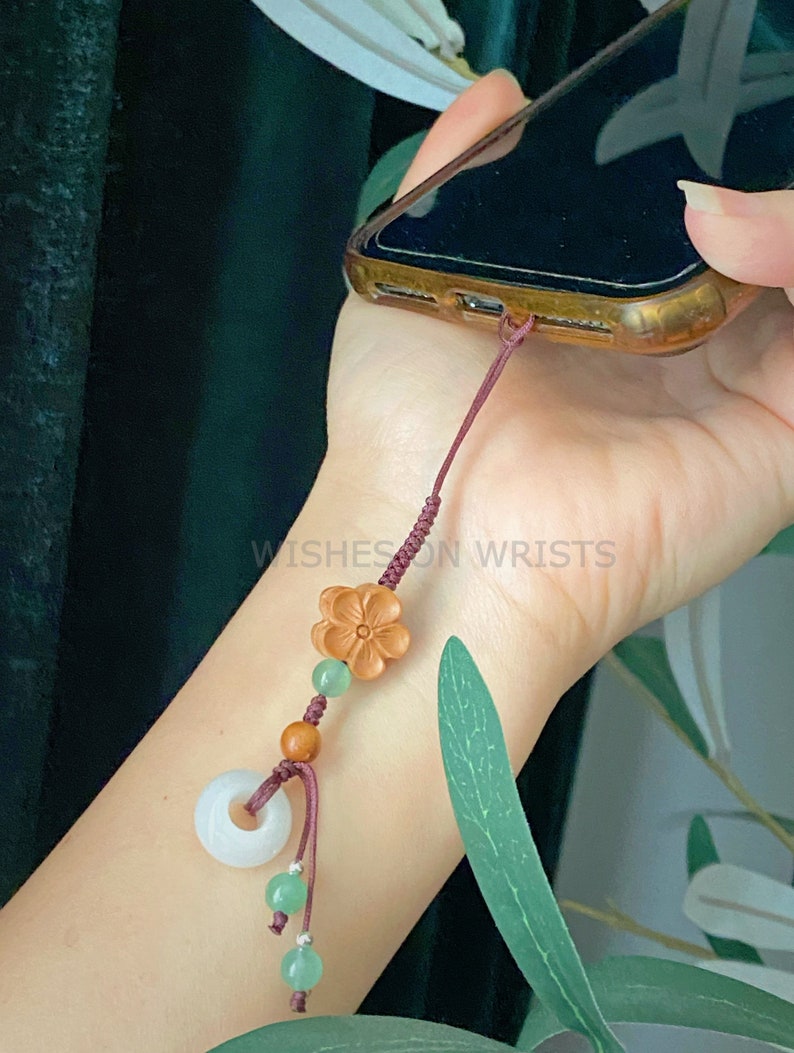 Phone Charm Wood Floral Phone Chain Bookmark White Jade - Etsy