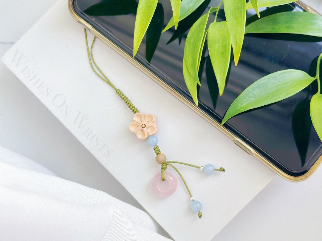 Phone Charm | Wood Floral Phone Chain | Bookmark | White Jade Peace ...