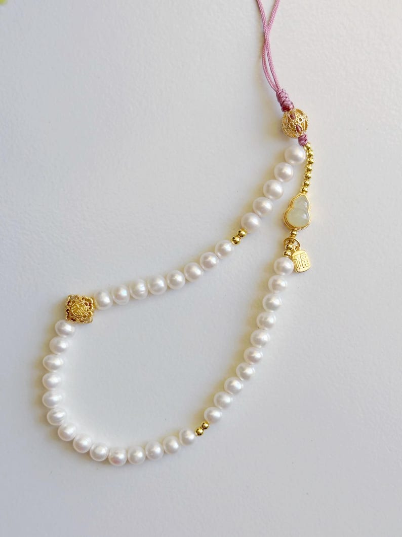 Real Pearl Phone Strap, Phone Chain With Jade Gourd Charm, Phone ...