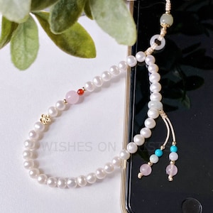 Phone Strap | Real Pearl Phone Chain | Healing Crystal Jade Beaded ...