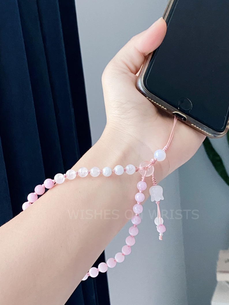 Phone Strap, Pink Opal White Jade Bead Phone Chain W. White Jade Lily ...