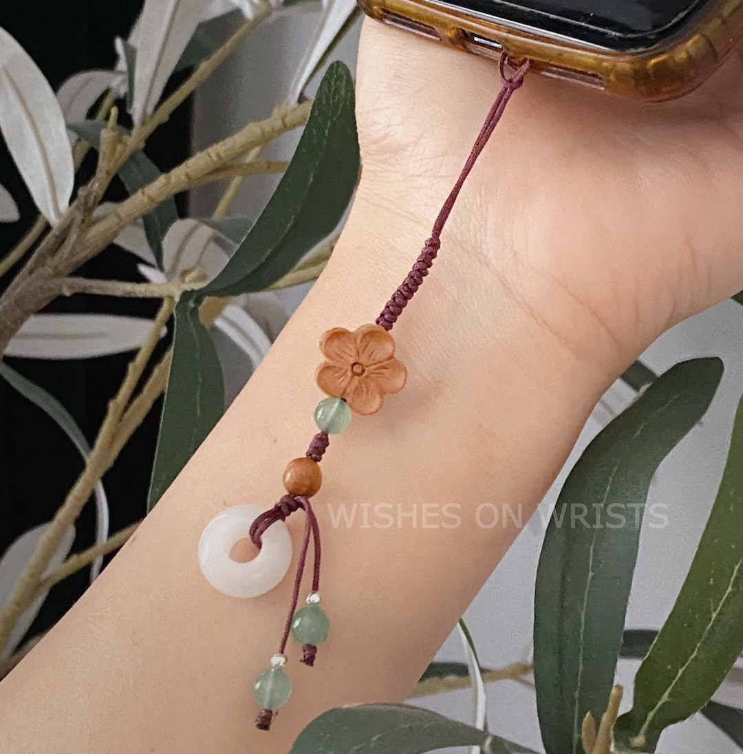 Phone Charm | Wood Floral Phone Chain | Bookmark | White Jade Peace ...