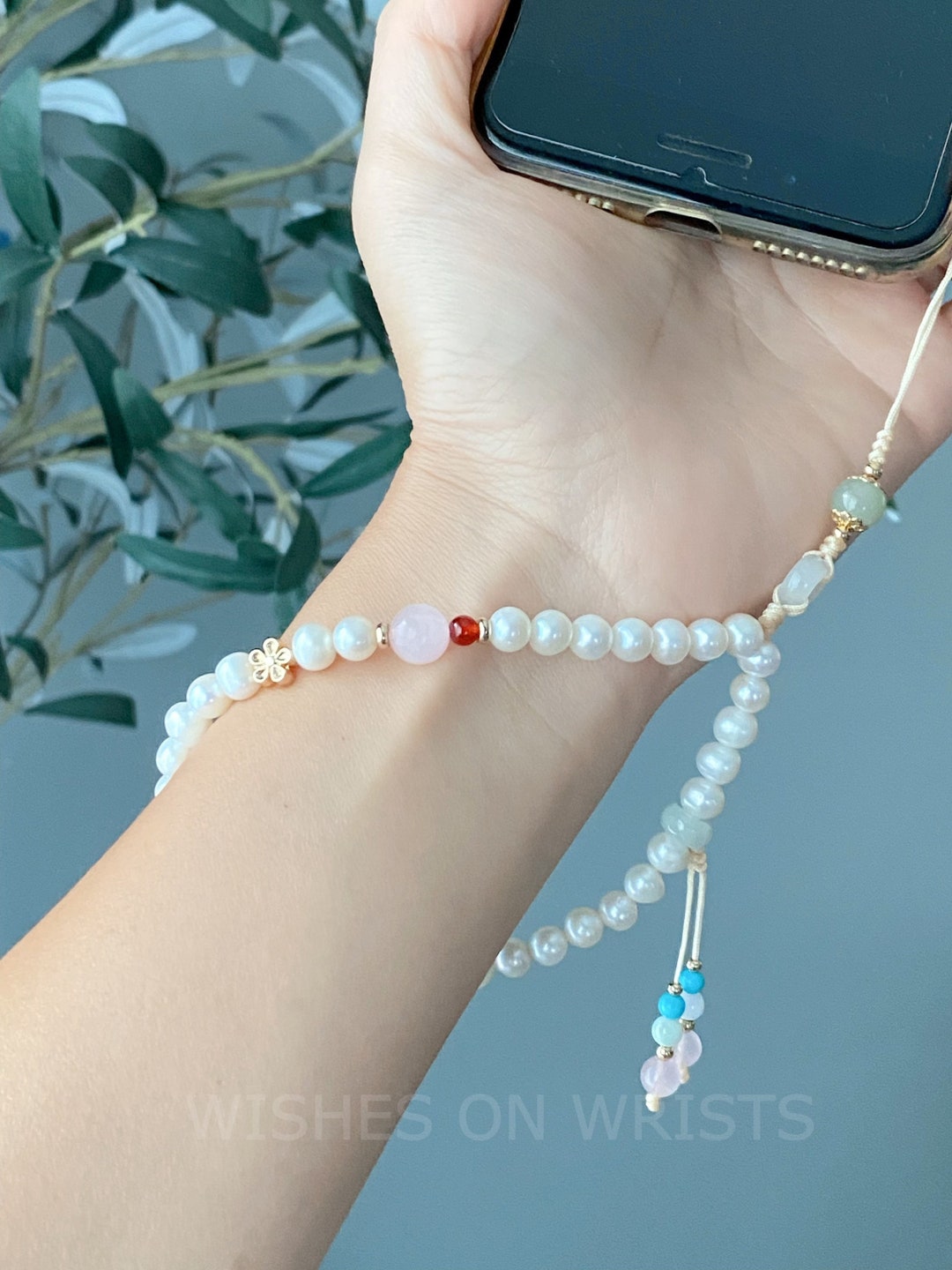 Phone Strap | Real Pearl Phone Chain | Healing Crystal Jade Beaded ...