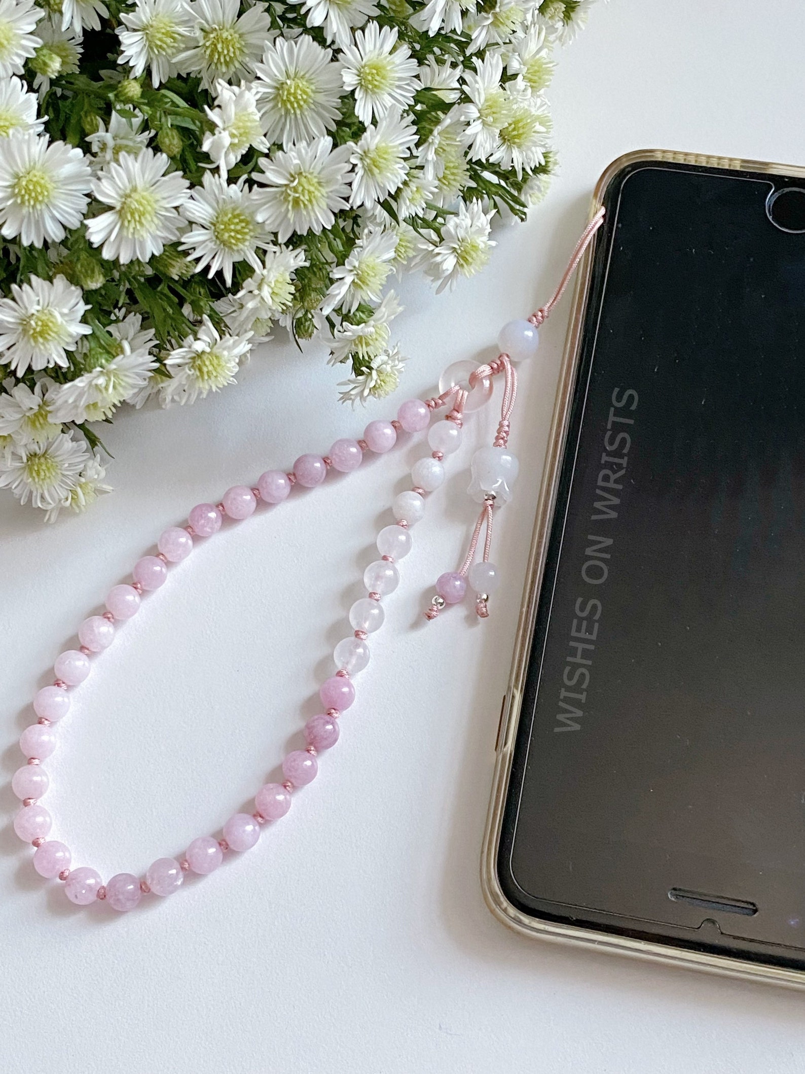 Phone Strap, Pink Opal White Jade Bead Phone Chain W. White Jade Lily ...