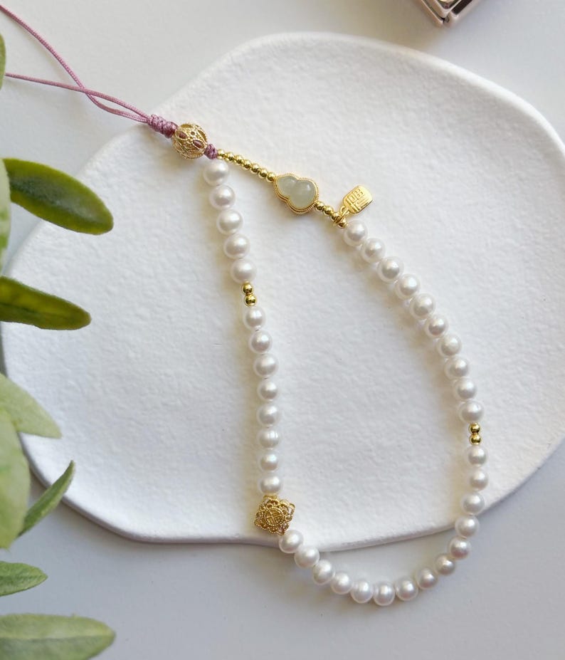 Real Pearl Phone Strap, Phone Chain With Jade Gourd Charm, Phone ...