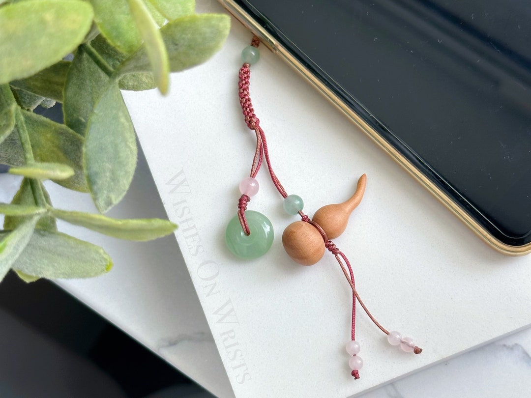 Phone Charm, Jade Peace Buckle & Wood Gourd Charm, Safety Charm Key ...