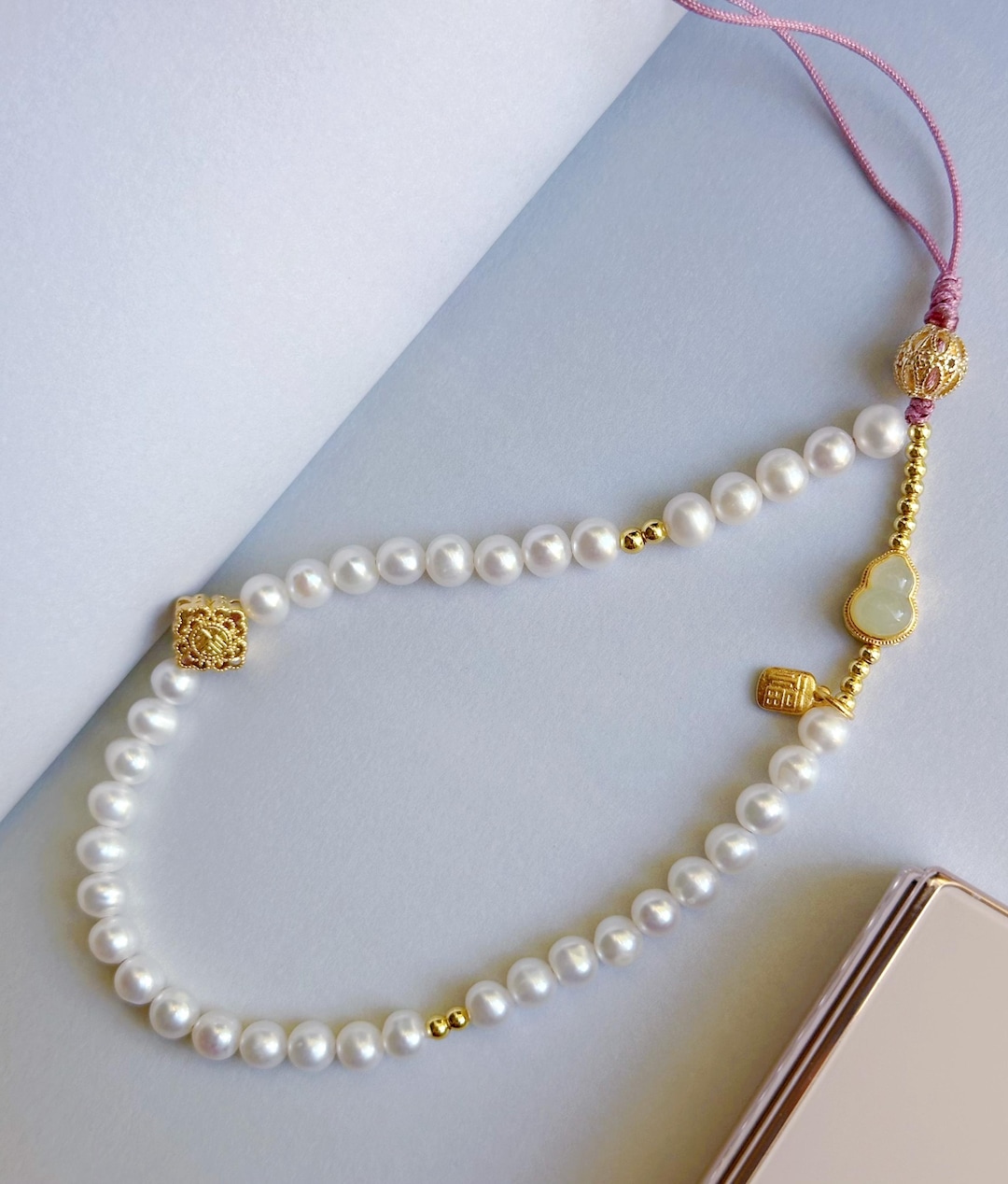 Real Pearl Phone Strap, Phone Chain With Jade Gourd Charm, Phone ...
