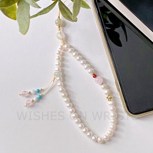 Phone Strap | Real Pearl Phone Chain | Healing Crystal Jade Beaded ...