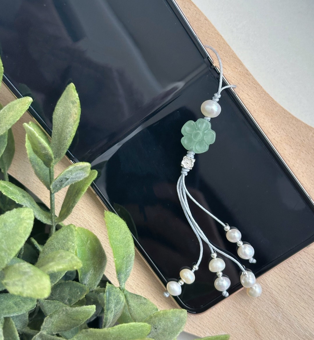 Phone Charm, Freshwater White Pearl Phone Grip, Green Jade Flower Charm ...