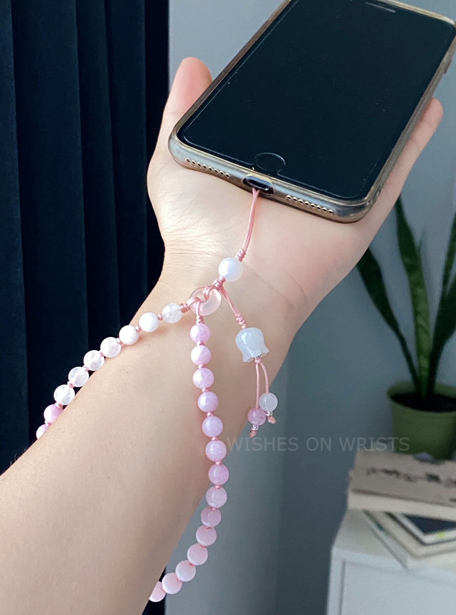 Phone Strap, Pink Opal White Jade Bead Phone Chain W. White Jade Lily ...