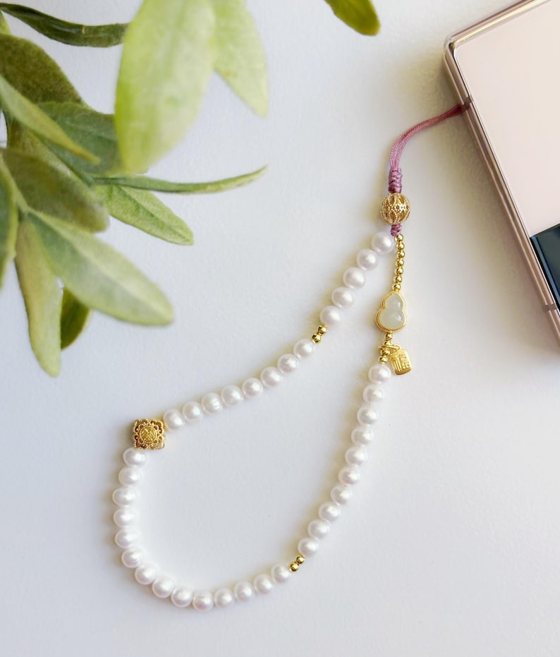 Real Pearl Phone Strap, Phone Chain With Jade Gourd Charm, Phone ...