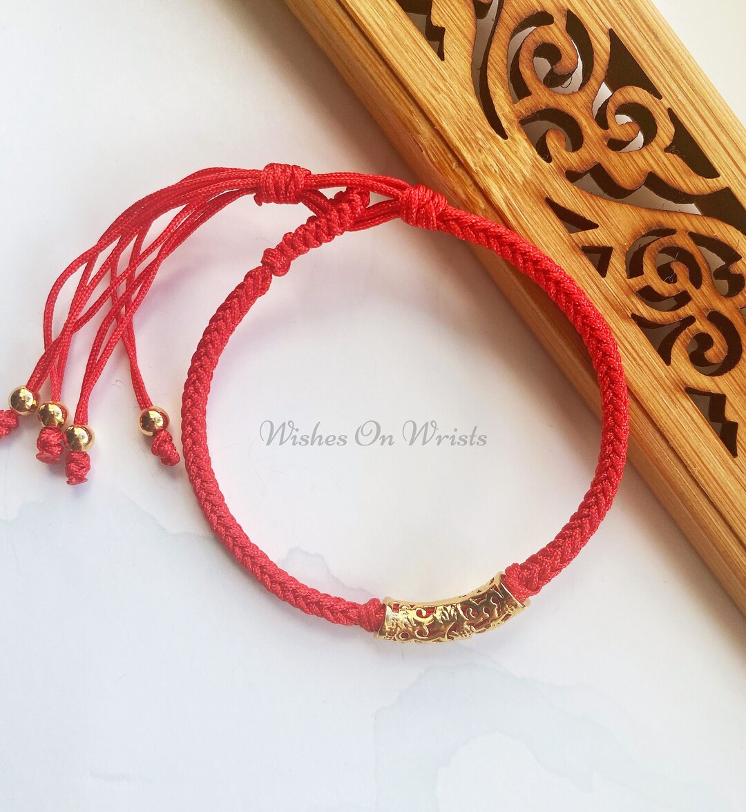 Red String Bracelet/anklet, 18K Gold Plated Tube Charm Bracelet, Red ...