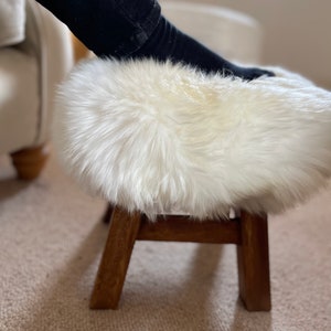 White New Luxurious White Handmade Fluffy Real Sheepskin Footstool ...