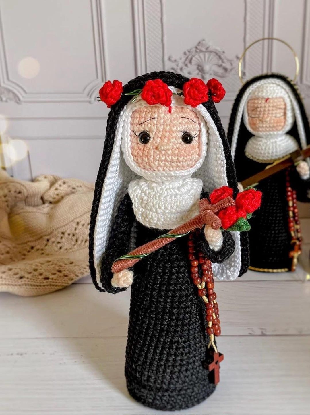 Handmade Crochet Nun Doll With Rosary and Red Roses | Personalized ...