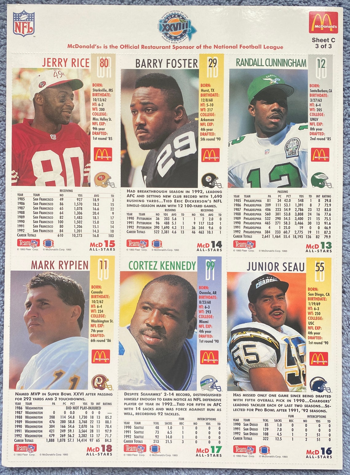 Furgy - 1993 NFL Mcdonald's Gameday Card Sheets - Fleer - Sheet "c," 3 ...