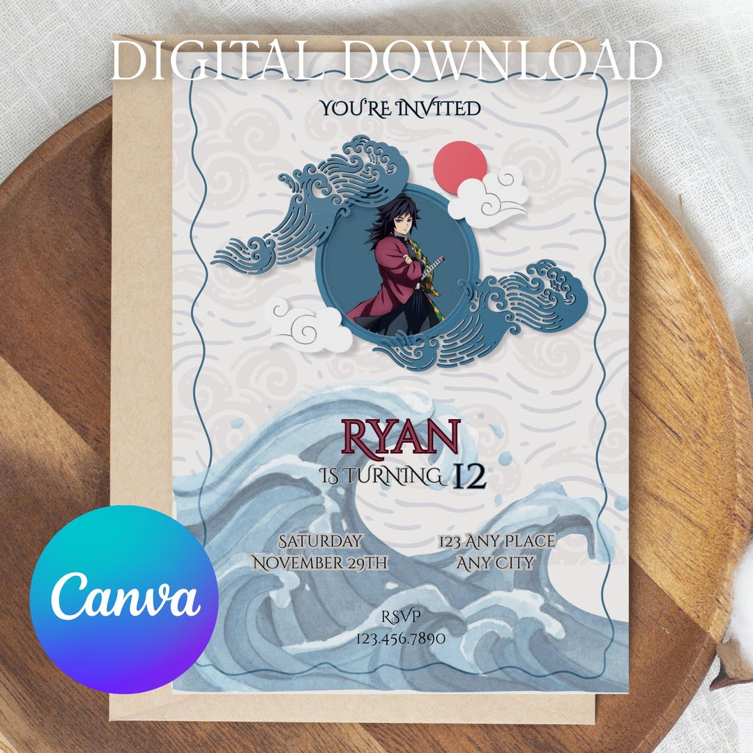 Demon Slayer Water Hashira Giyu Tomioka Birthday Invitation Canva ...