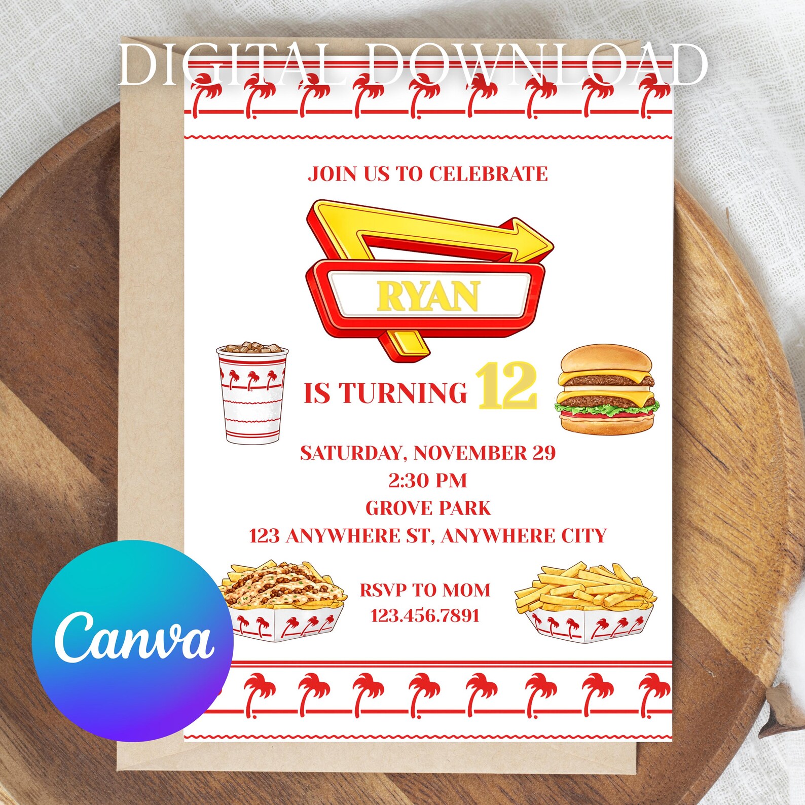 In N Out Birthday Party Invitation Burger Fast Food Theme Party Digital ...