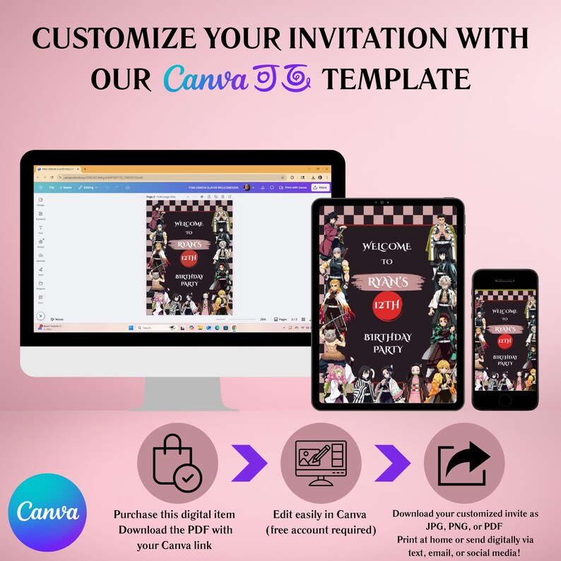 Demon Slayer Birthday Welcome Sign Digital Download Canva Template Pink ...