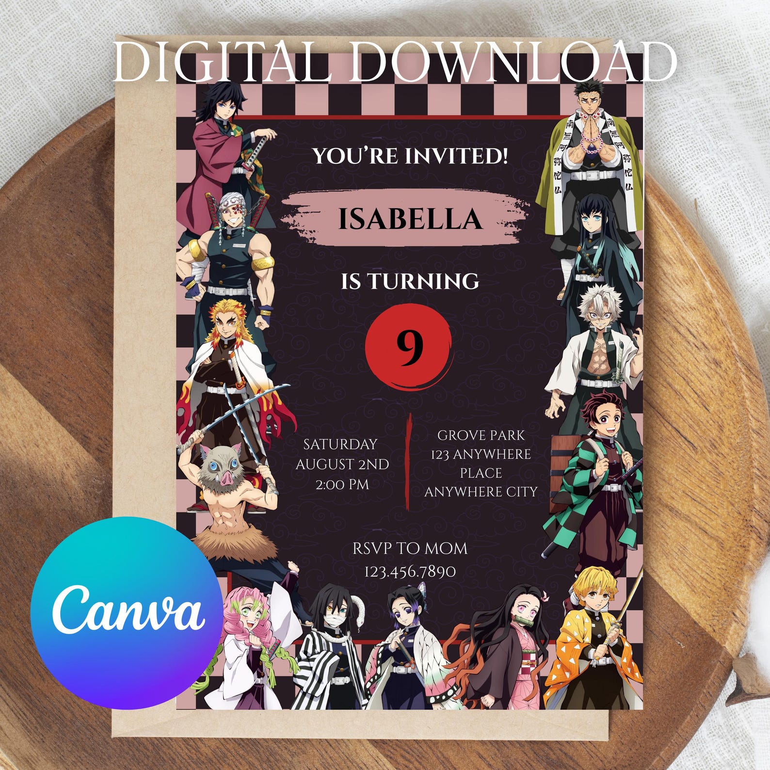 Demon Slayer Birthday Party Invitation Girly Pink Digital Download ...