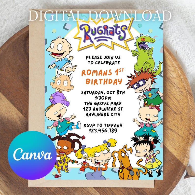 Rugrats Birthday Party Invitation Blue Digital Download Editable Canva ...