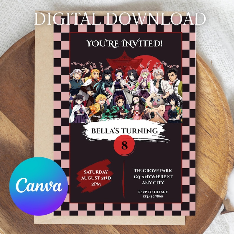 Demon Slayer Birthday Party Invitation Girly Pink Digital Download ...