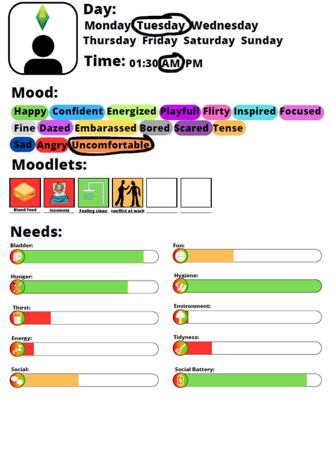 Sims 4 Needs and Mood Neurodivergent Fill-in Planner - Etsy