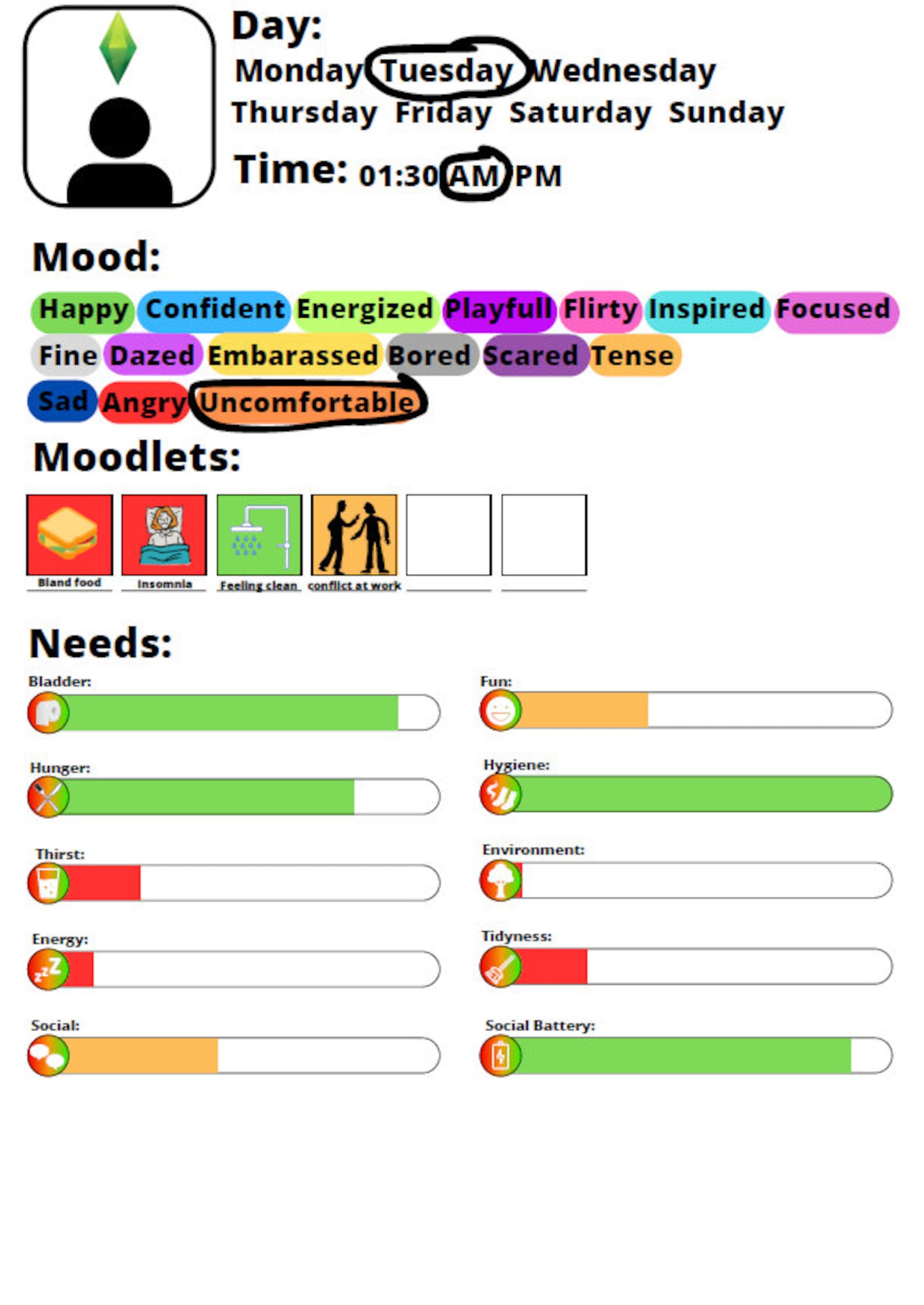 Sims 4 Needs and Mood Neurodivergent Fill-in Planner - Etsy