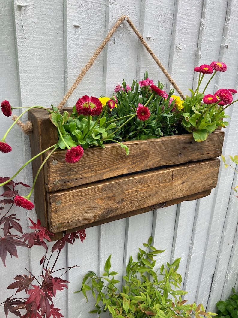 Rustic Wall Fence Hanging Planter, HANDMADE, Wood, 'dark Oak', Gift for ...