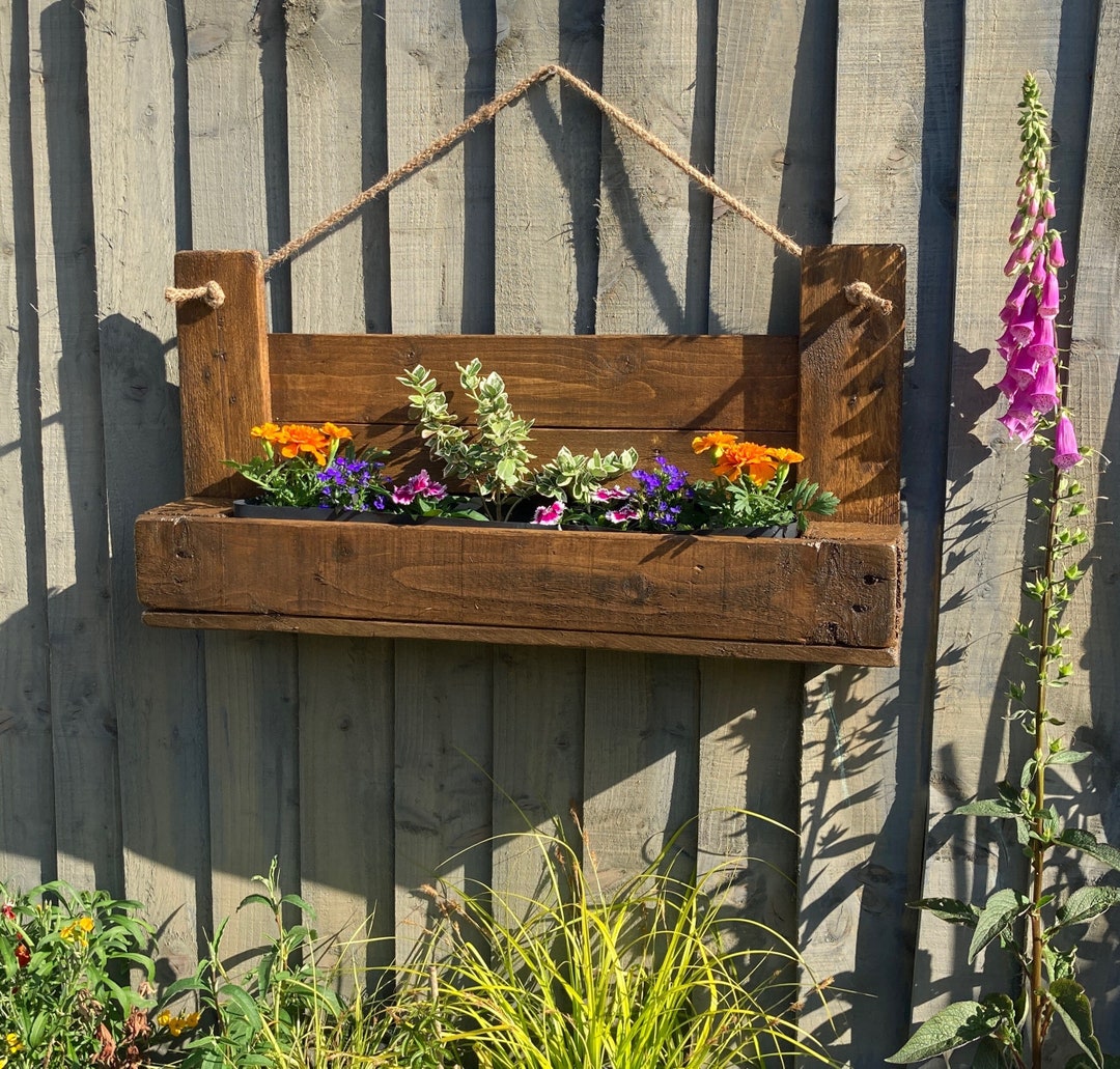 HANDMADE Rustic Hanging Garden Planter, Wooden Planter,'dark Oak', Wall ...