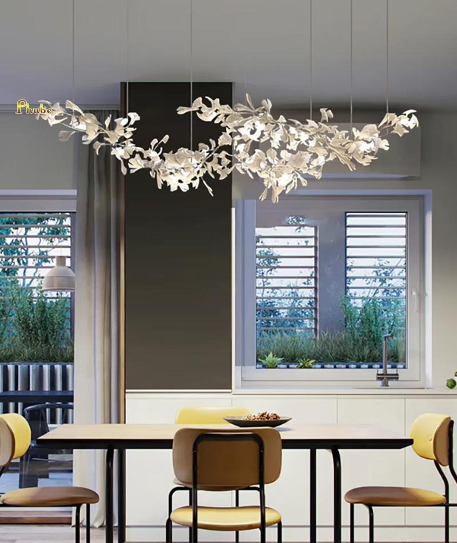 Modern Large Chandelier Gold Tree Branches Hanging Lamp Ceramic Ginkgo Biloba Pendant Light for ...