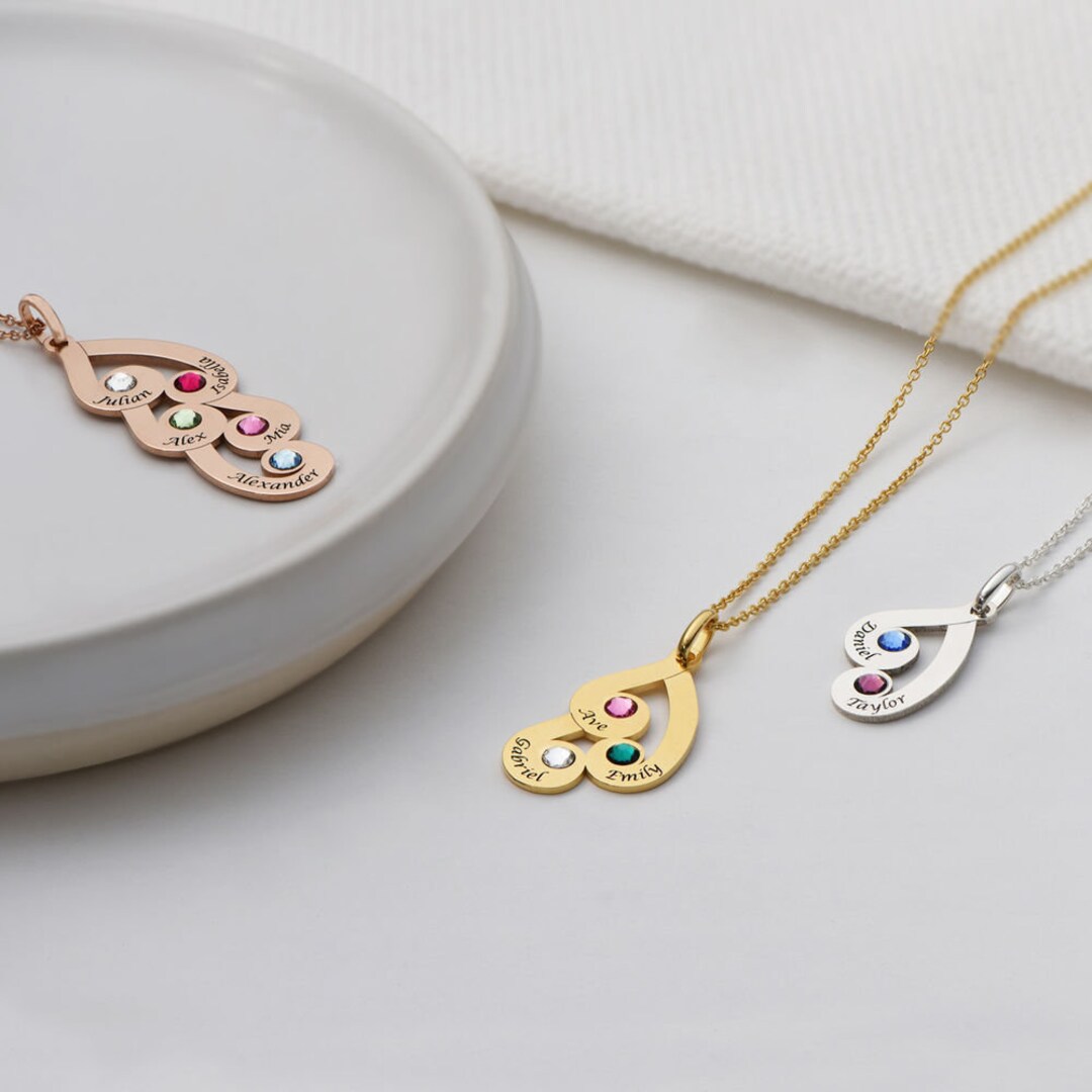 Mynamenecklace Custom Family Pendant Necklace With Birthstones Silver ...