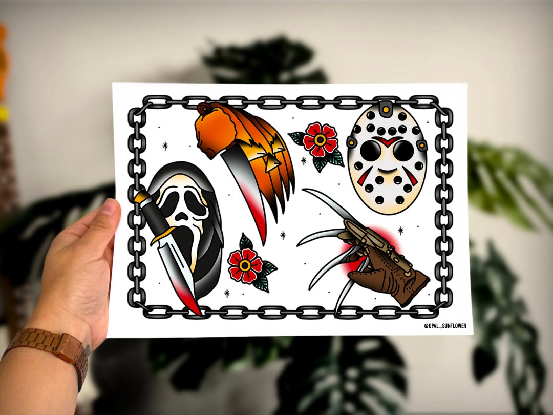Horror Traditional Tattoo Flash Sheet Print Tattoo Flash Horror Movies ...