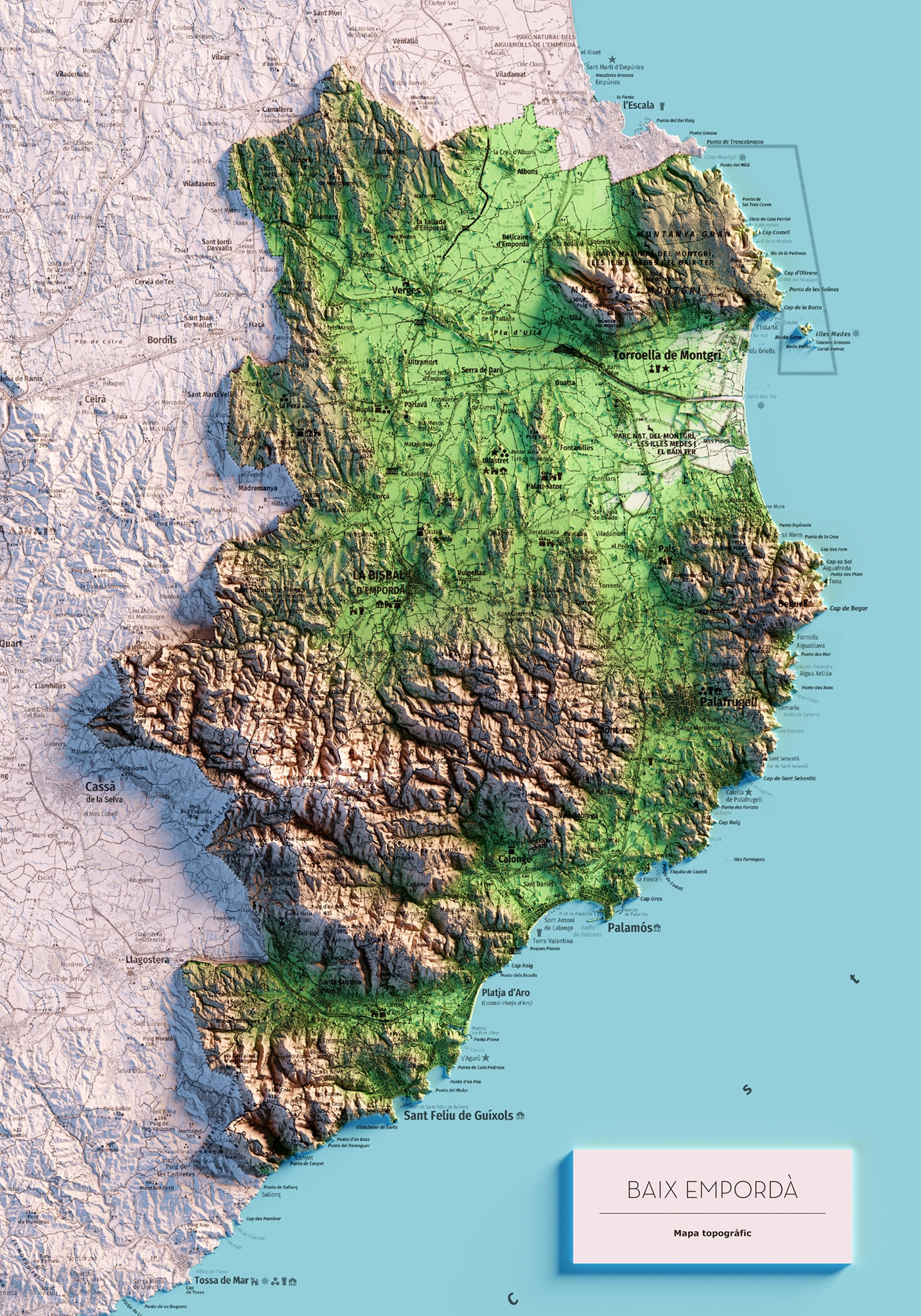 El Baix Empordà. Mapa topogràfic en color. Versió amb el mar blau ...